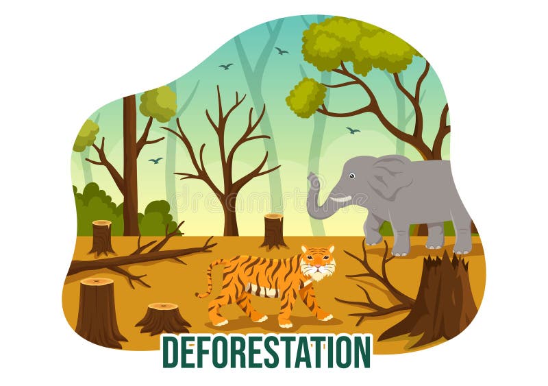 Deforestation Illustration with Tree in the Felled Forest and Burning ...