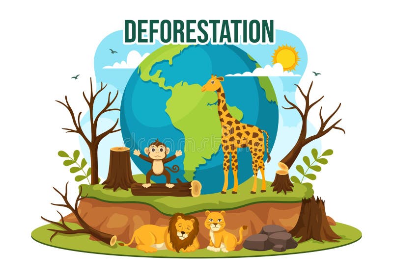 Deforestation Illustration with Tree in the Felled Forest and Burning ...