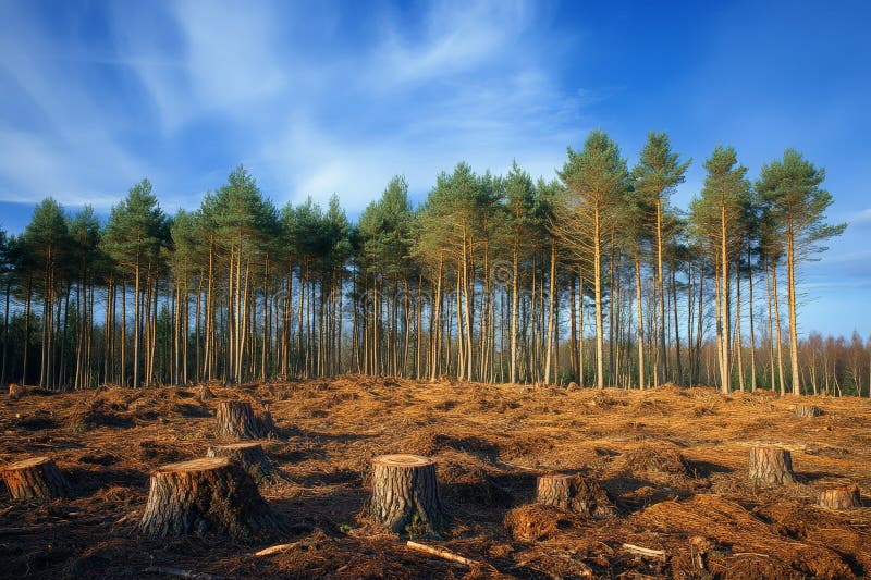 Deforestation Impact - Forest of Tall Pine Trees with Tree Stumps Under ...