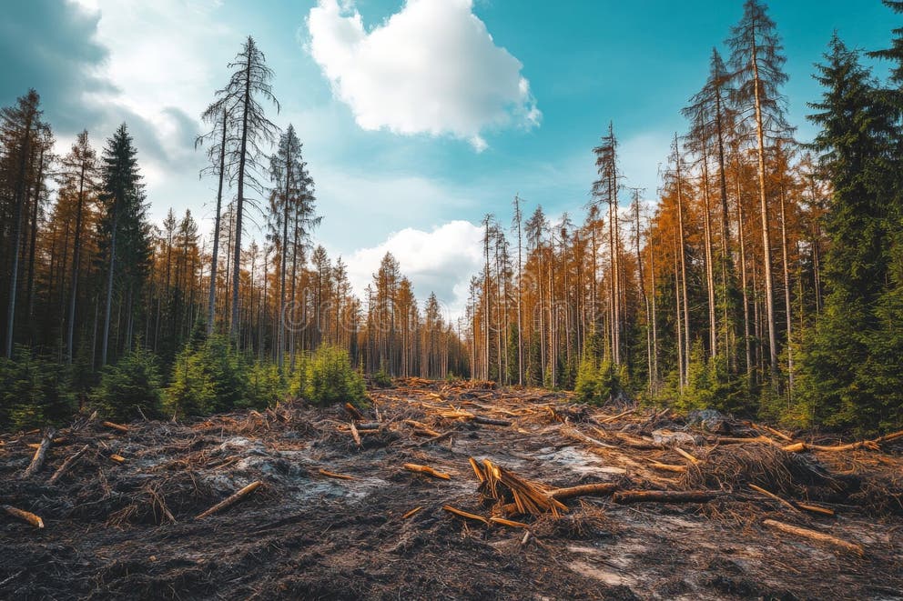 Deforestation Impact on Pine Forest during Sunset with Clear Blue Sky ...