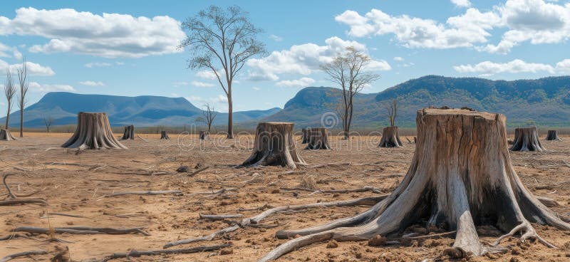 Deforestation Landscape with Tree Stumps, Dry Ground, Mountains in ...