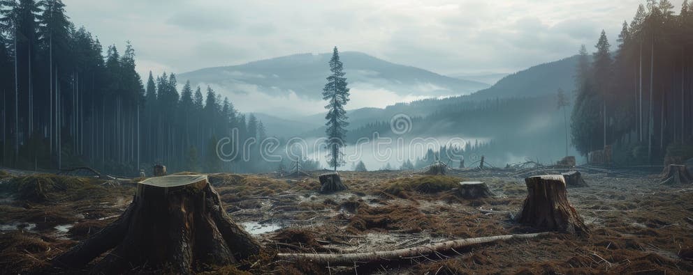Deforestation in Misty Mountains with Tree Stumps and Single Standing ...