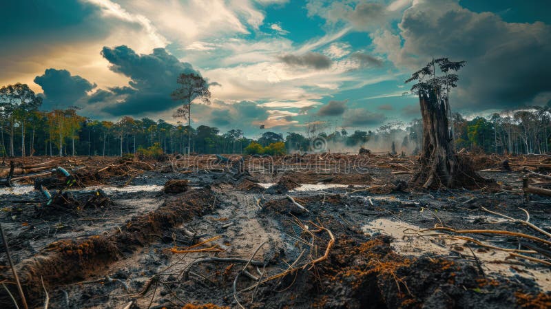 Deforestation Scene with a Dramatic Sky, Tree Stumps, and Muddy Ground ...