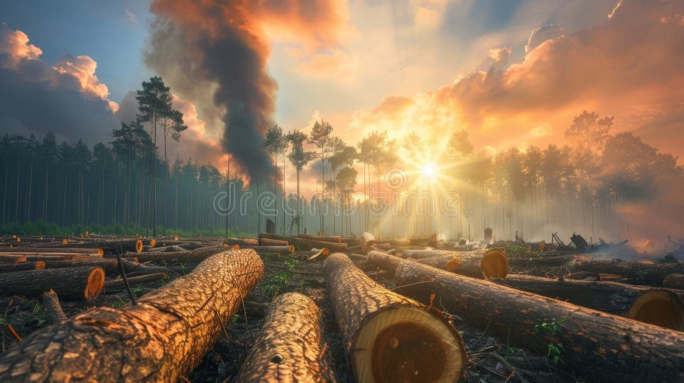 Deforestation Scene with Fallen Trees and Smoke Stock Illustration ...