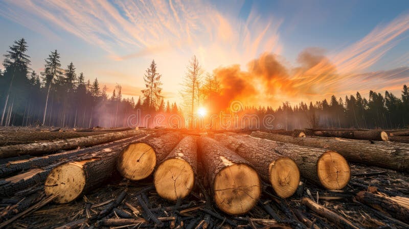 Deforestation Scene with Logs and Wildfire at Sunset Stock Illustration ...
