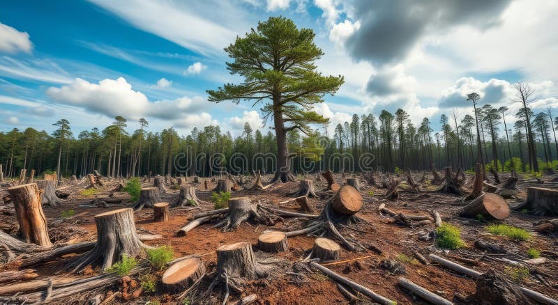 Deforestation Scene with One Remaining Tree Surrounded by Stumps ...
