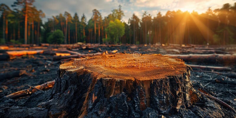 Deforestation Scene with Tree Stump at Sunrise Stock Image - Image of ...