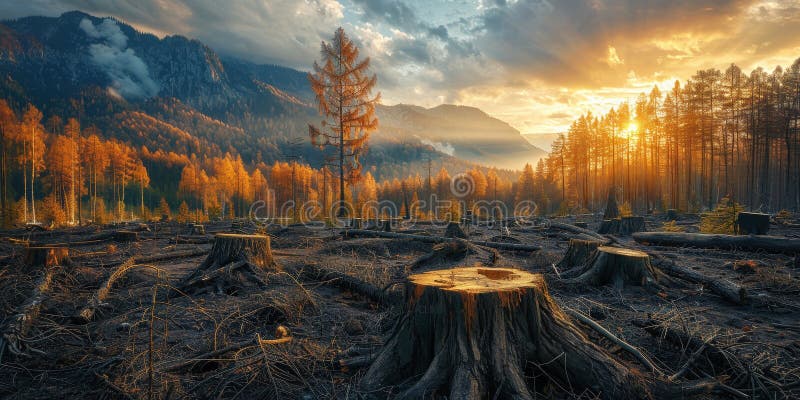 Deforestation Scene with Tree Stump at Sunrise Stock Image - Image of ...
