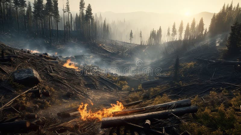 Deforestation of Trees by Fire and Logging Stock Illustration ...