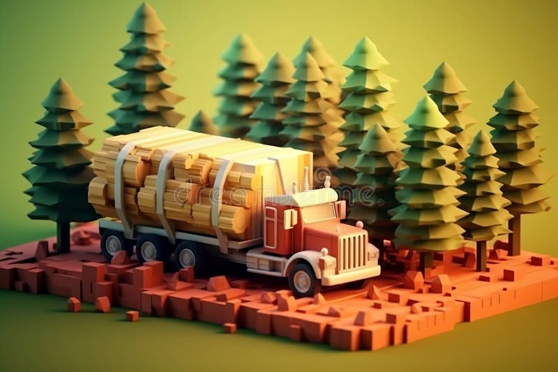 Deforestation with Truck Bring Tree and Cutted Log 3d Low Poly Graphic ...
