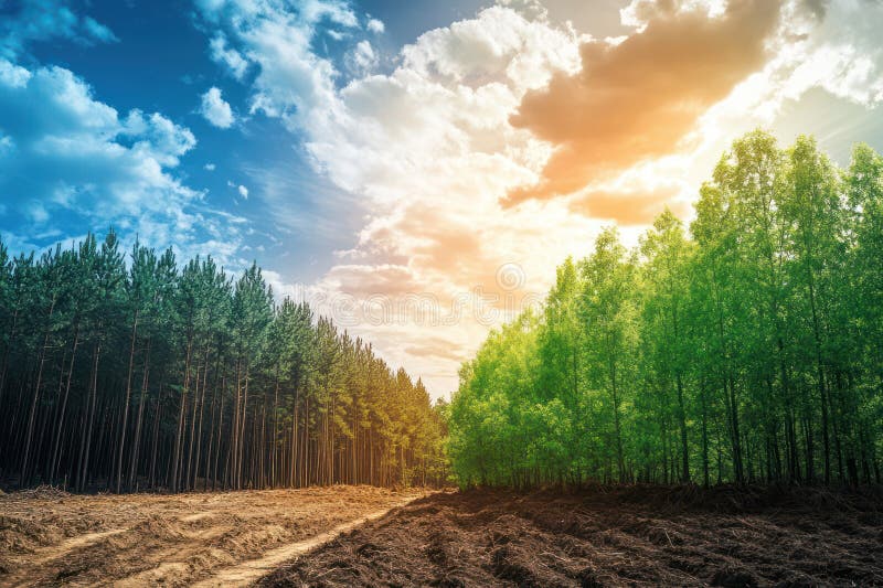 Deforestation Vs Thriving Green Forest Contrast Stock Photo - Image of ...