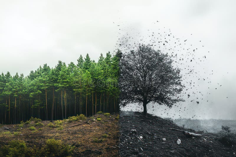 Deforestation Vs Thriving Green Forest Contrast Stock Image - Image of ...