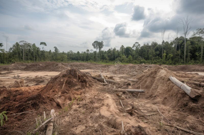 Deforested Area with Barren Soil and Scattered Debris, Surrounded by ...