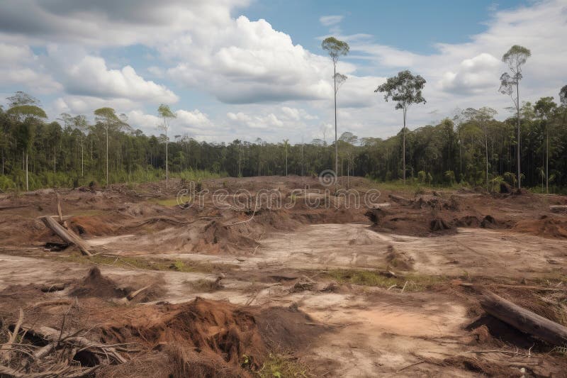 Deforested Area with Barren Soil and Scattered Debris, Surrounded by ...