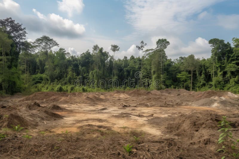 Deforested Area with Barren Soil and Scattered Debris, Surrounded by ...