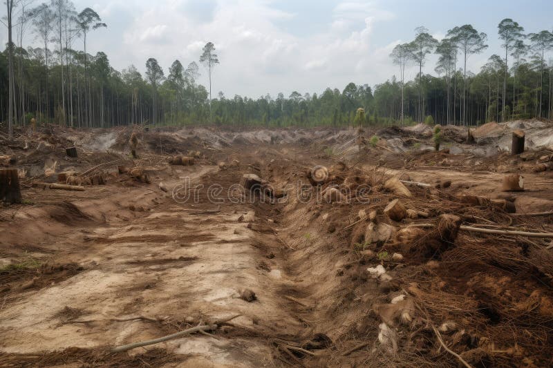 Deforested Area with Barren Soil and Scattered Debris, Surrounded by ...