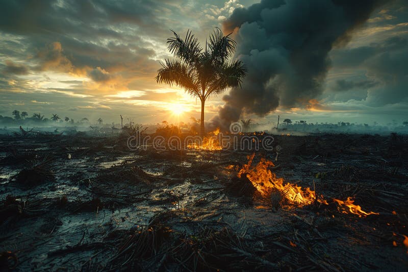 Deforested Landscape with Burning Tree. Deforestation Concept ...