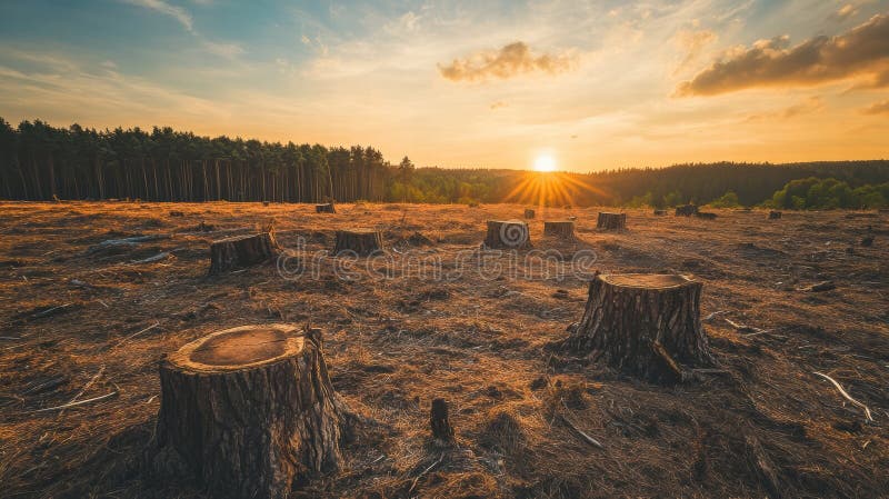 Deforested Landscape Reveals Tree Stumps Under Sunset Light in a ...