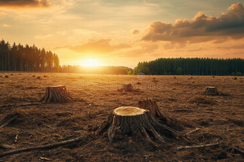 Deforested Landscape with Stumps Under a Sunset Sky in a Serene yet ...