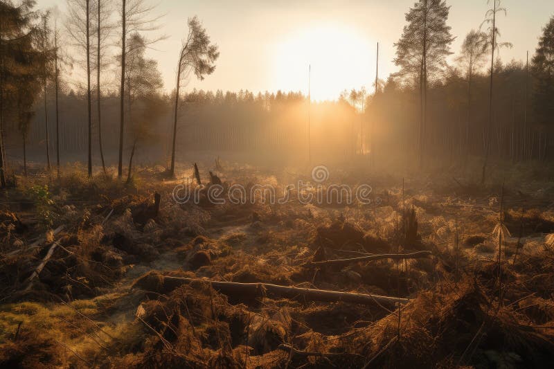 Deforested Landscape with Sun Peeking through the Trees Stock ...