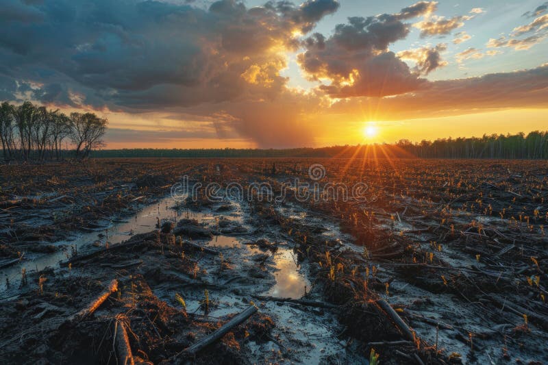 Deforested Landscape at Sunset with Dramatic Sky and Sun Rays Over ...