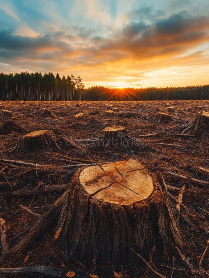Deforested Landscape at Sunset with Numerous Tree Stumps and a Backdrop ...