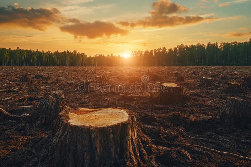 Deforested Landscape at Sunset Shows Remnants of Tree Stumps in Cleared ...