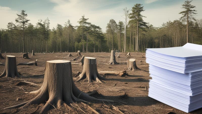 Deforested Landscape with Tree Stumps and a Stack of Office Paper Stock ...