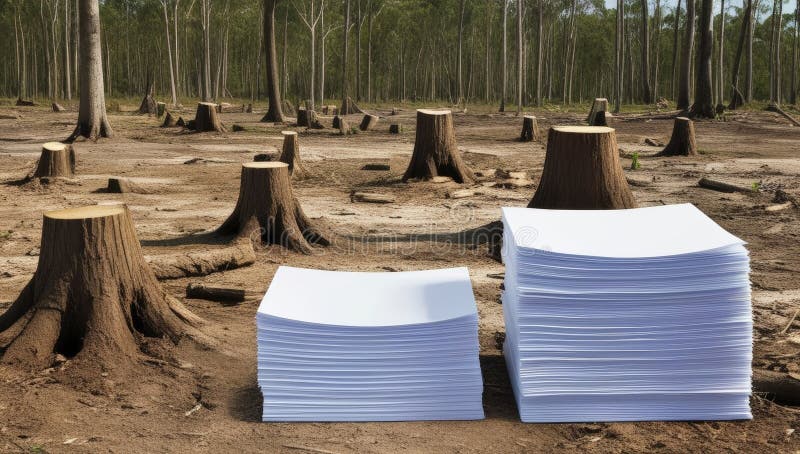 Deforested Landscape with Tree Stumps and a Stack of Office Paper Stock ...