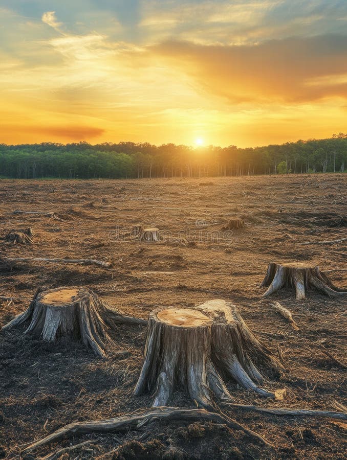 Deforested Landscape with Tree Stumps at Sunset Revealing the Impact of ...
