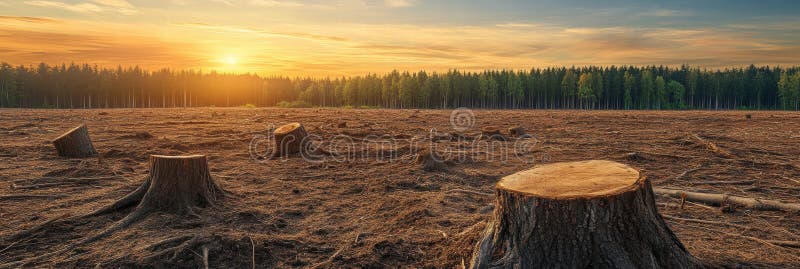 Deforested Landscape with Tree Stumps Under a Vibrant Sunset in an ...