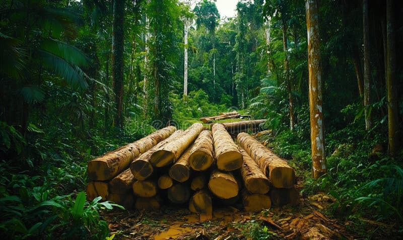 Deforested Logs Stacked in Lush Rainforest, Showcasing Logging Impact ...