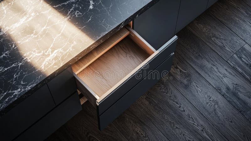45-degree Angled Top-down View, Open Kitchen Drawer, Empty Drawer, Dark ...