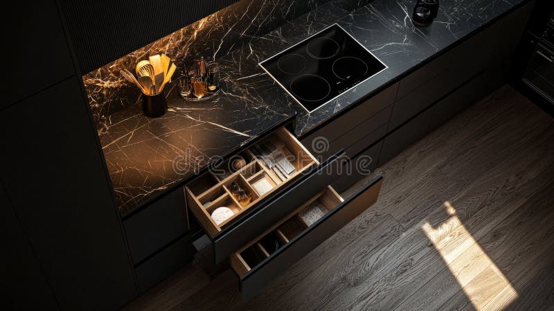 45-degree Angled Top-down View, Open Kitchen Drawer, Empty Drawer, Dark ...