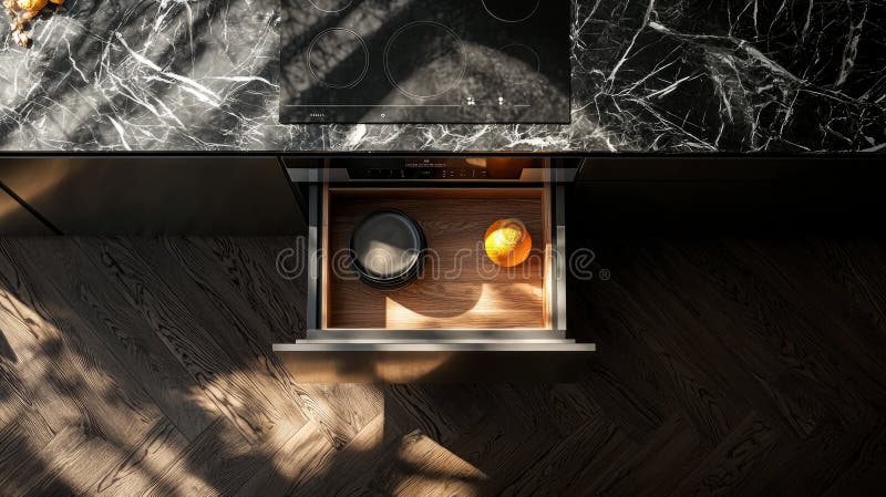 45-degree Angled Top-down View, Open Kitchen Drawer, Empty Drawer, Dark ...