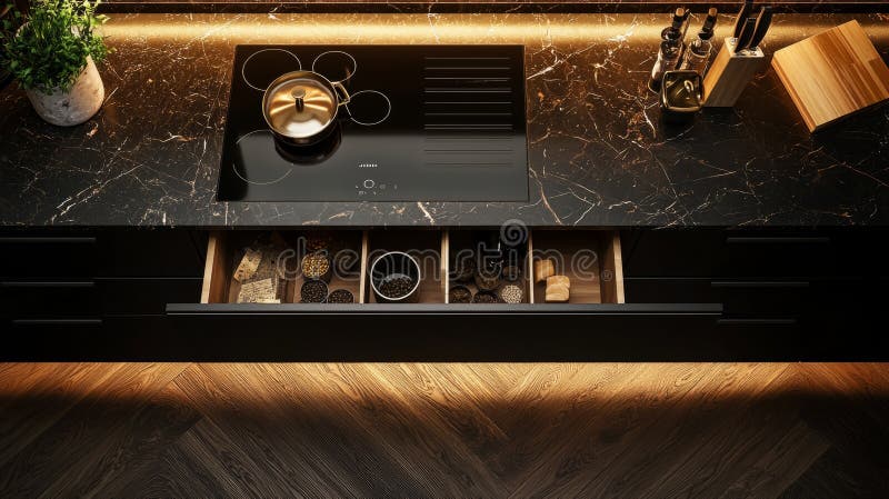 45-degree Angled Top-down View, Open Kitchen Drawer, Empty Drawer, Dark ...