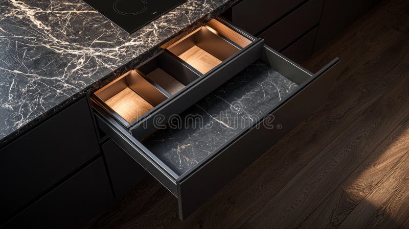 45-degree Angled Top-down View, Open Kitchen Drawer, Empty Drawer, Dark ...