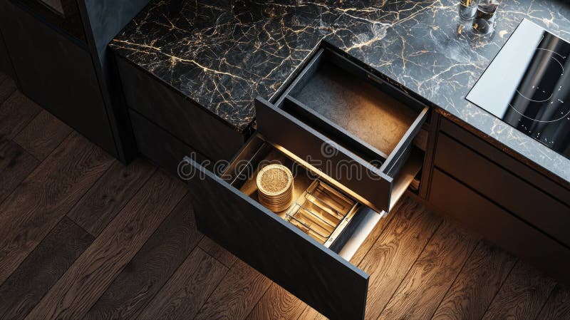 45-degree Angled Top-down View, Open Kitchen Drawer, Empty Drawer, Dark ...