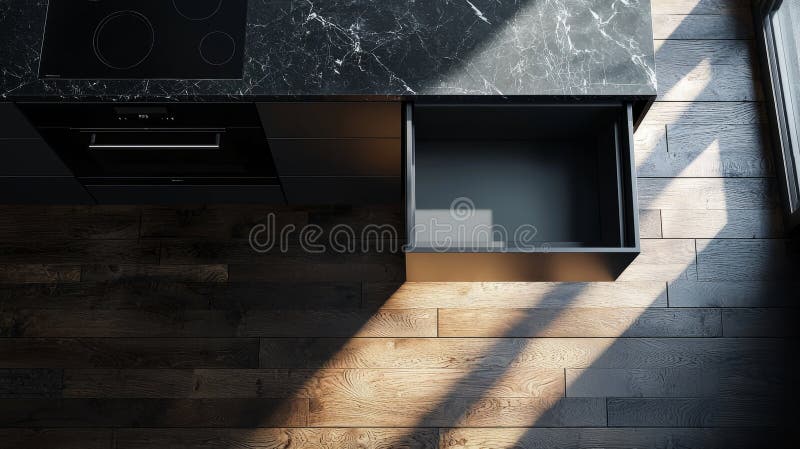 45-degree Angled Top-down View, Open Kitchen Drawer, Empty Drawer, Dark ...