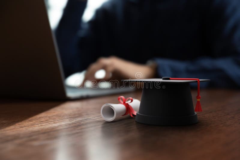 Degree Cap and Diploma Certificate on Table in Front of Businessman ...
