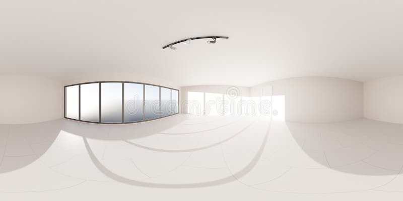 360 Degree Panorama of a Modern, Empty Room with Large Windows and ...