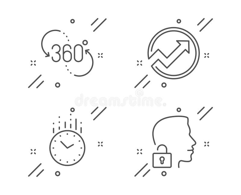 360 Degree, Time and Audit Icons Set. Unlock System Sign. Virtual ...