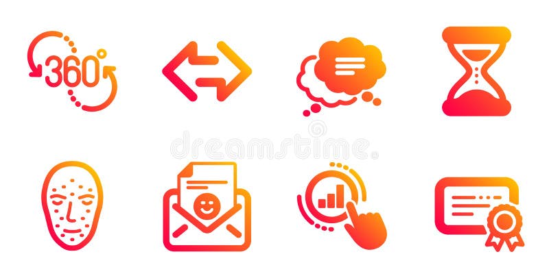 360 Degree, Time and Smile Icons Set. Sync, Graph Chart and Text ...
