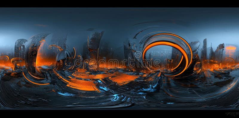 360 Degree View of a High-tech Building Interior with Vibrant Neon ...