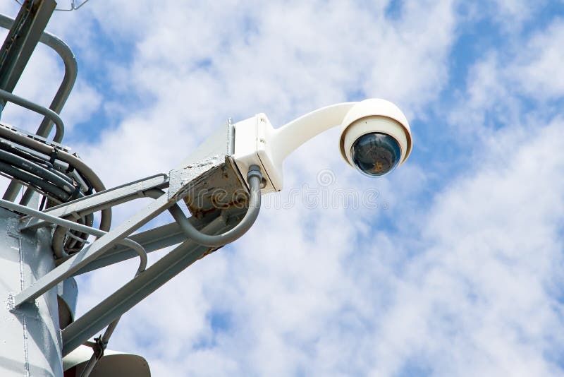 360 Degrees Surveillance Camera on Blue Sky Background Closeup.Security ...