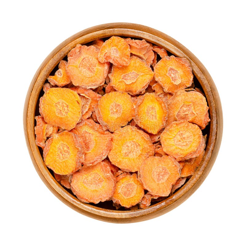 Dehydrated Carrot Slices in a Wooden Bowl, Close Up, from Above Stock ...