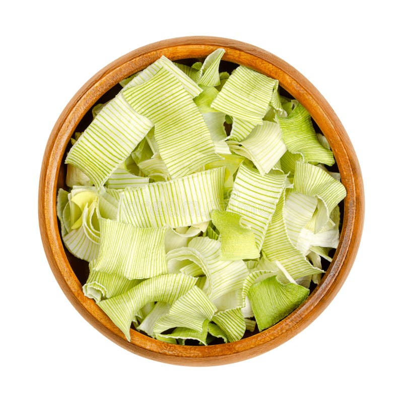 Dehydrated Leek Flakes, Dried Strips of Allium Porrum, in a Wooden Bowl ...