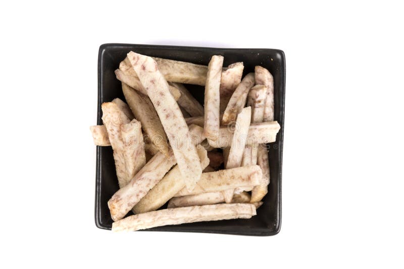 Dehydrated Taro Snack Sticks in a Black Bowl Isolated Over White Top ...