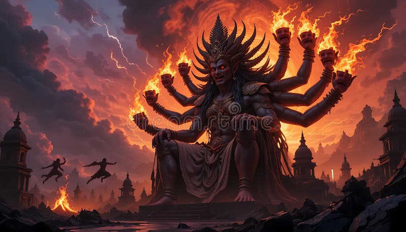 Deity Holding Fire with Multiple Arms and Red Eyes in Fantasy Setting ...