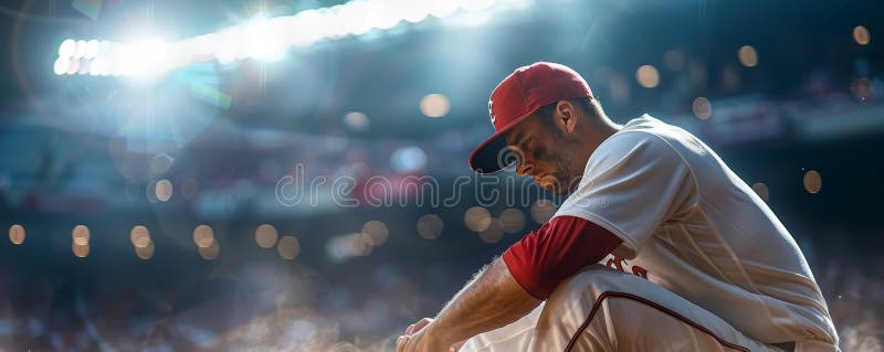 Dejected Baseball Player Sitting Alone on Bench in Stadium Under Bright ...